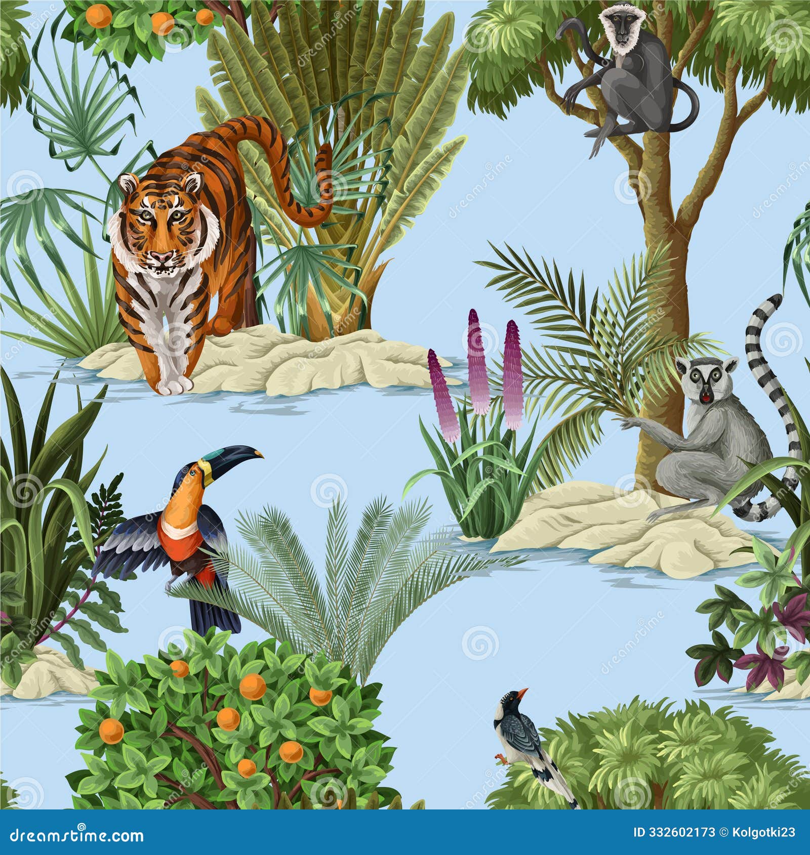 Seamless Kids Pattern with Jungle Trees and Animals. Vector. Stock ...