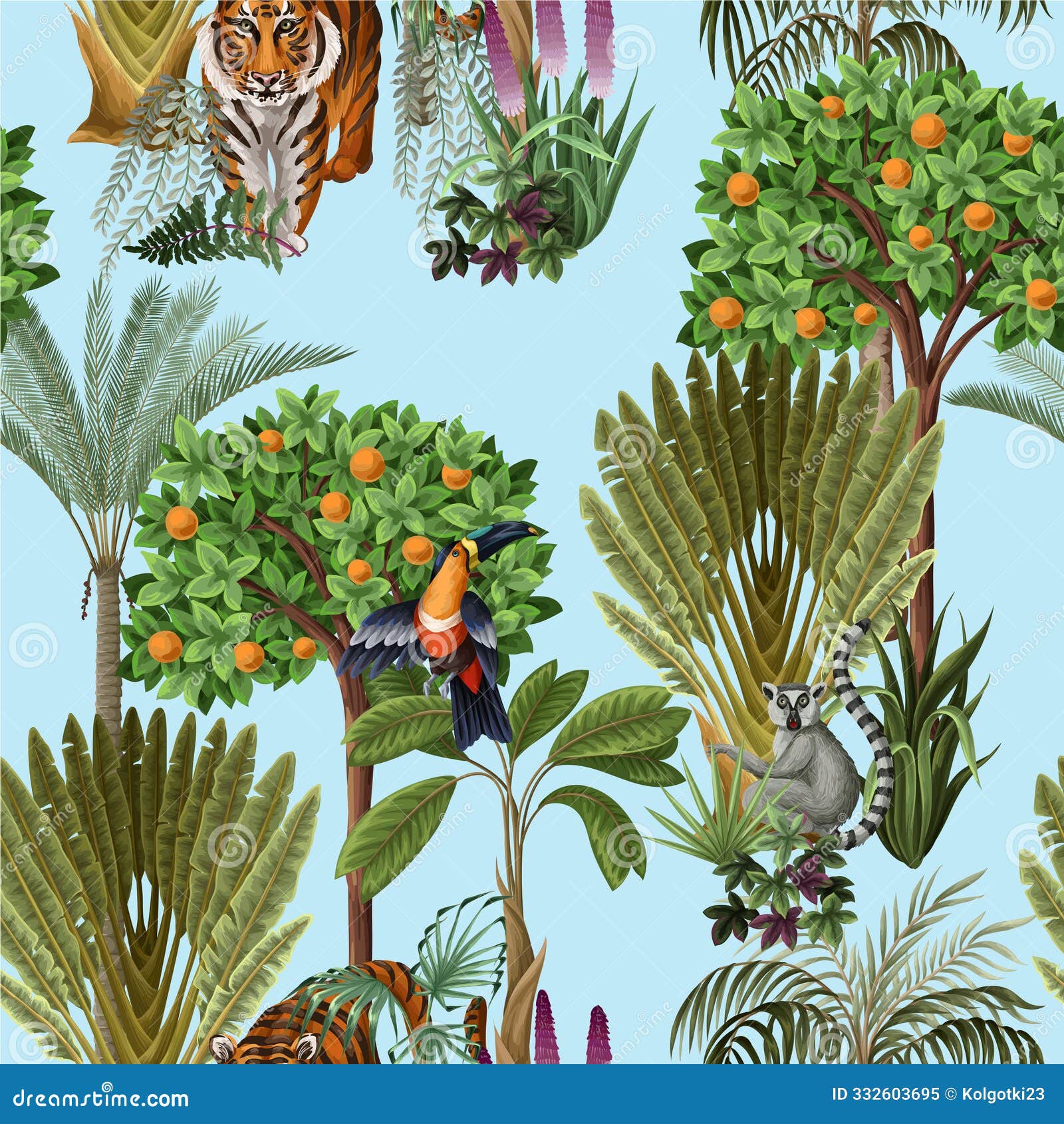 Seamless Kids Pattern with Jungle Trees and Animals. Vector. Stock ...