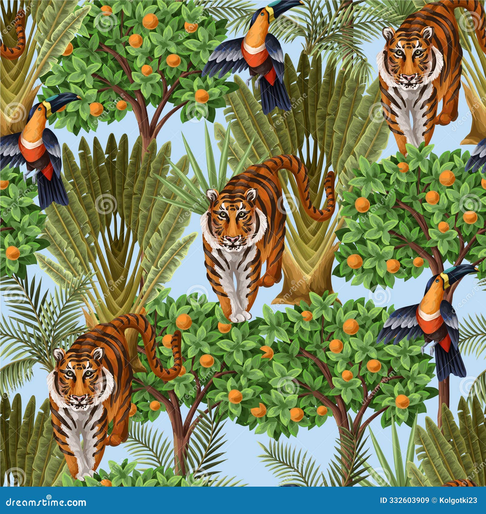 Seamless Kids Pattern with Jungle Trees and Animals. Vector. Stock ...