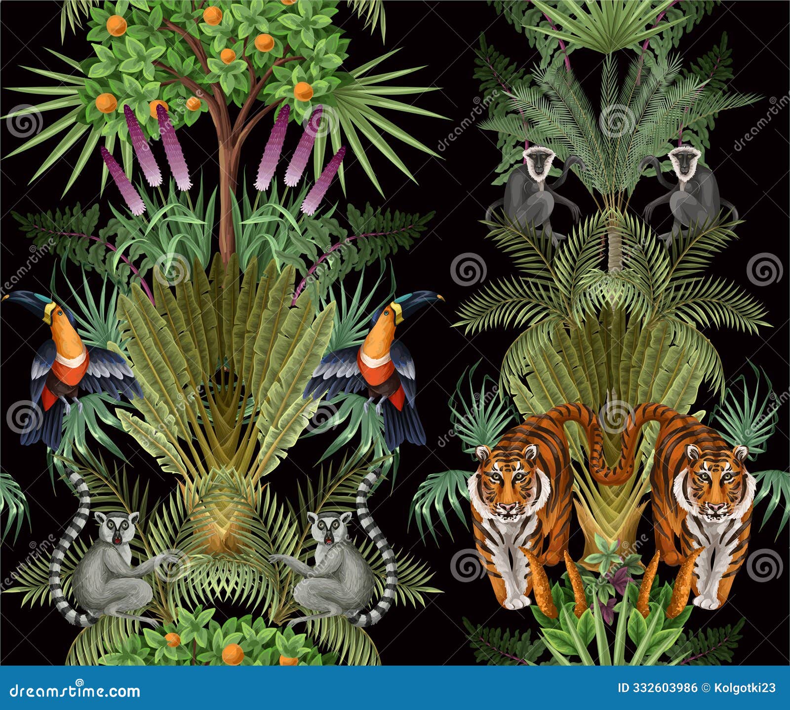 Seamless Kids Pattern with Jungle Trees and Animals. Vector. Stock ...