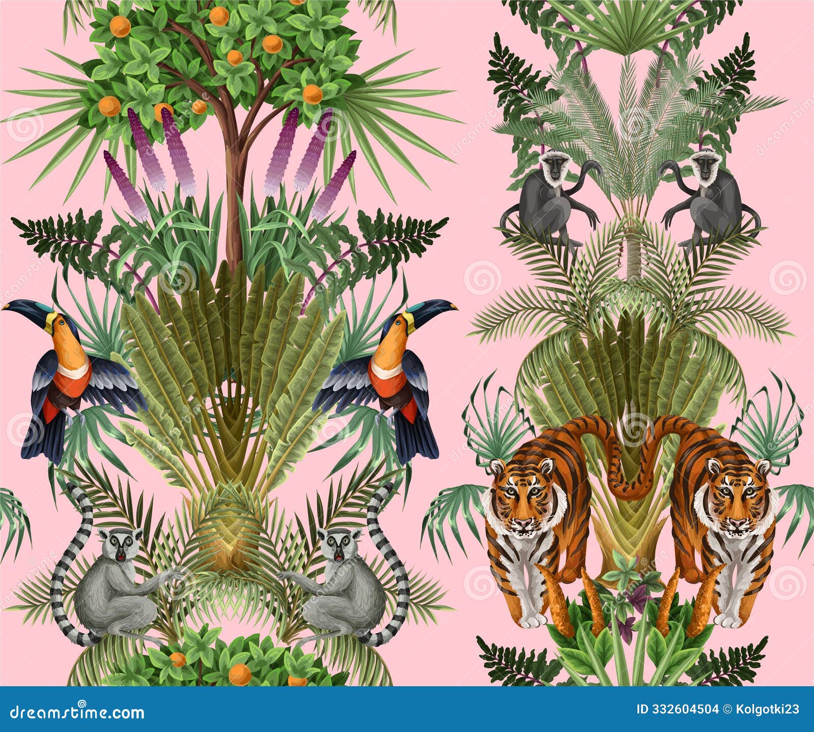 Seamless Kids Pattern with Jungle Trees and Animals. Vector. Stock ...
