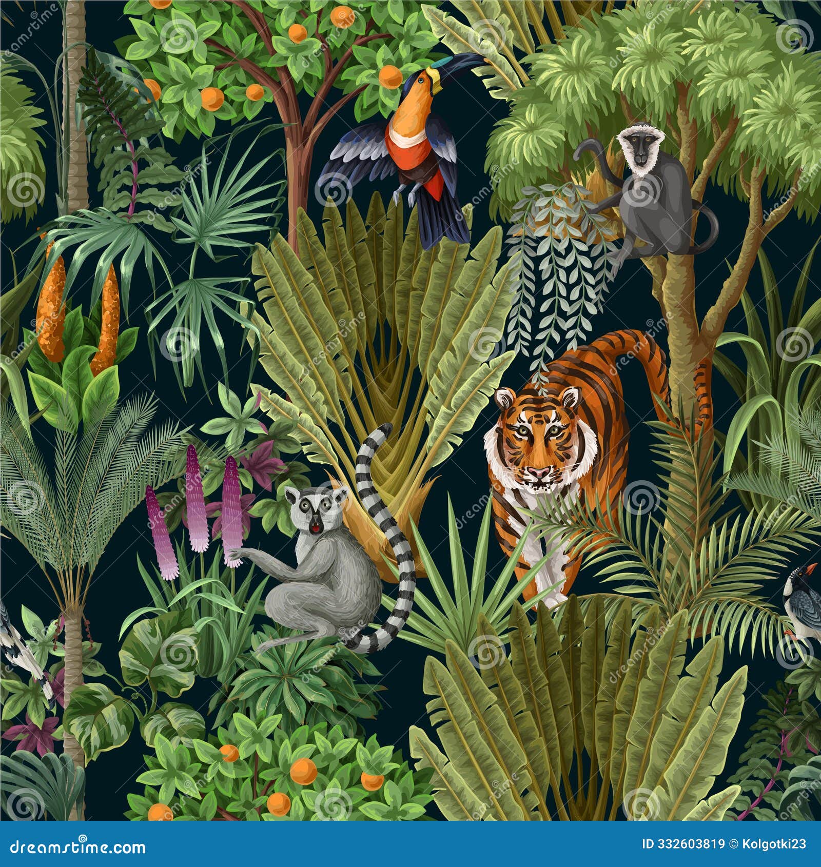 Seamless Kids Pattern with Jungle Trees and Animals. Vector. Stock ...