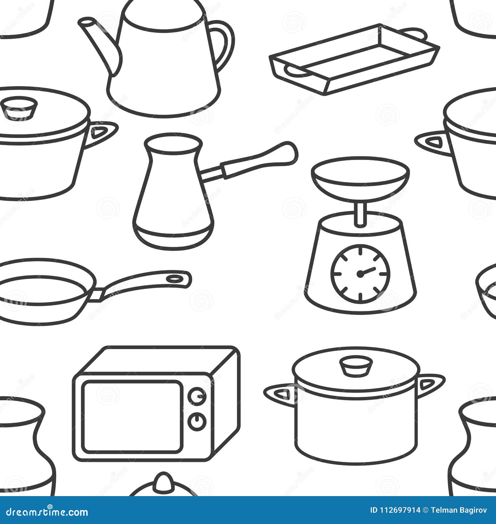 Seamless Kitchenware Icons Pattern on White Background Stock Illustration - Illustration of ...