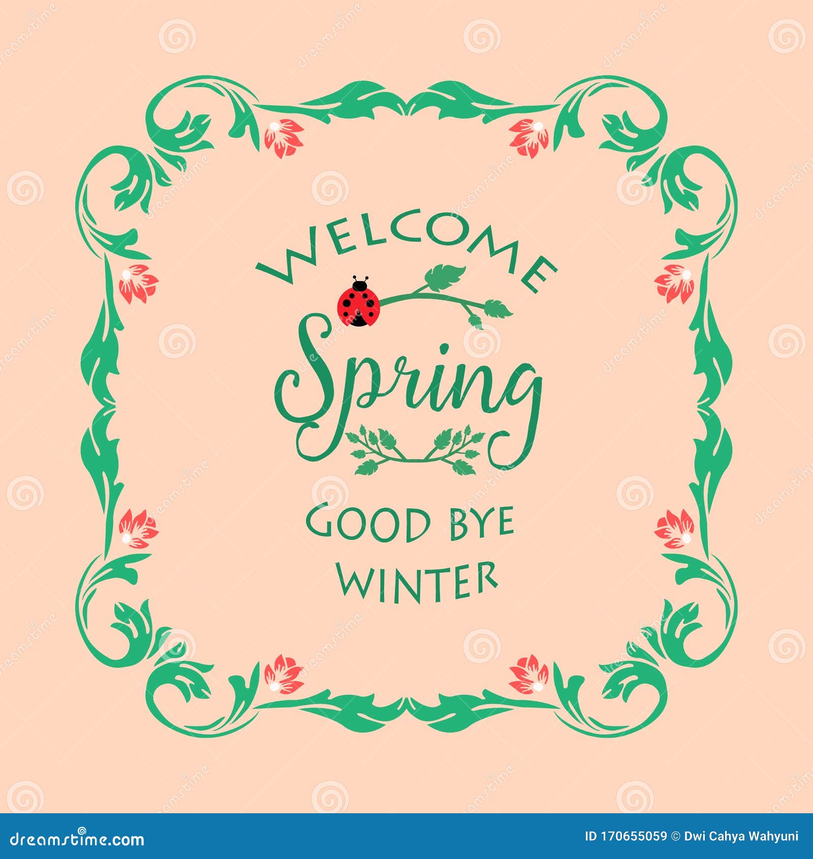Seamless Leaf and Red Flower Frame Design, for Cute Welcome Spring ...