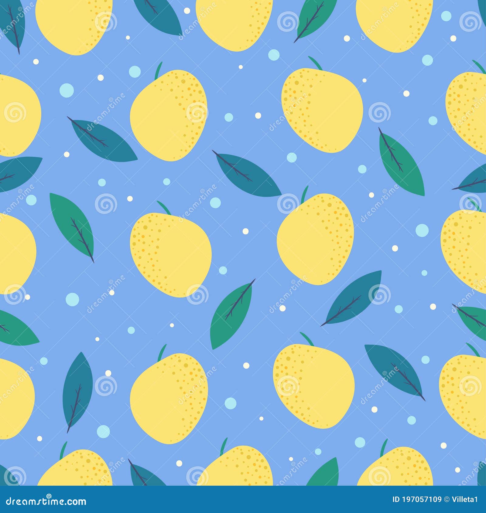 Seamless Lemon and Leaves Pattern on Blue Background. Simple Vector ...