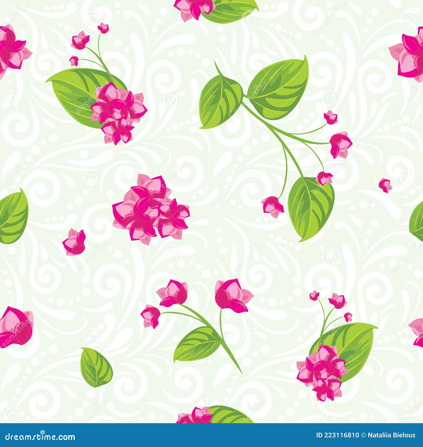 Seamless Light Green Pattern with Blooming Pink Flowers Stock Vector ...