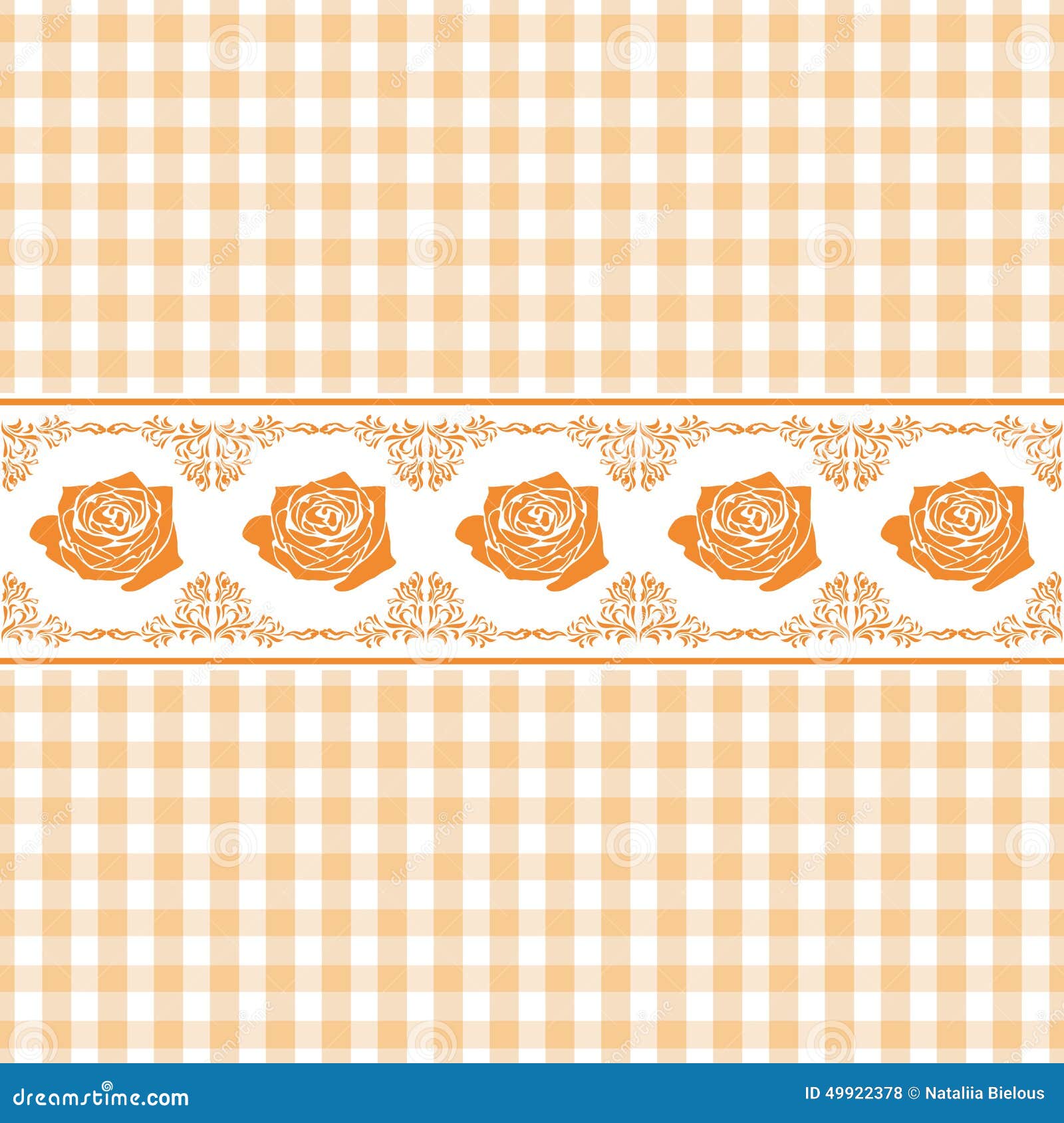 Seamless Light Orange Checkered Background with Stylized Roses Stock ...
