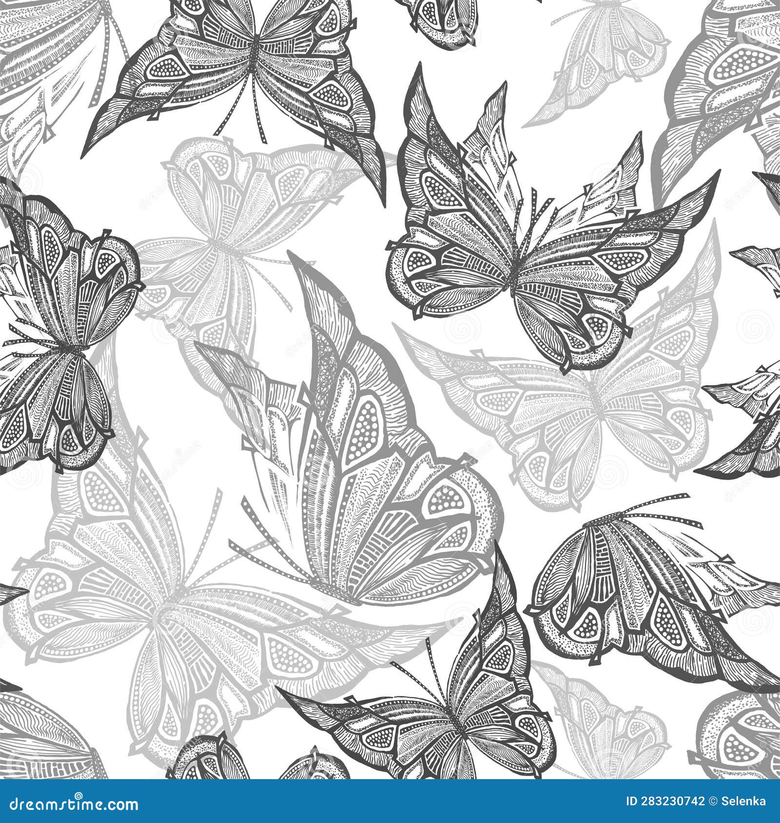 Seamless Light Pattern with Flying Butterflies, Hand Drawn Stock Vector ...