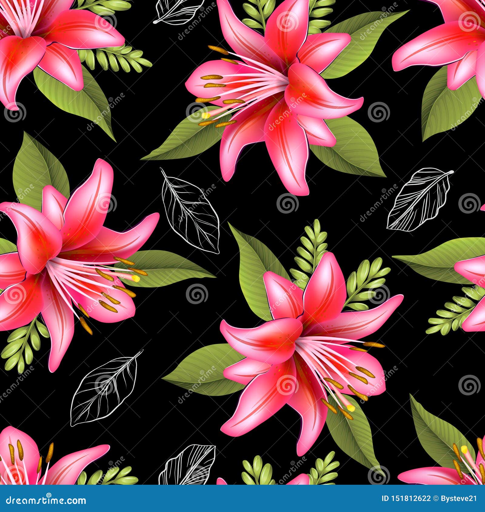 Seamless Lily Flower and Leave Pattern Stock Illustration ...