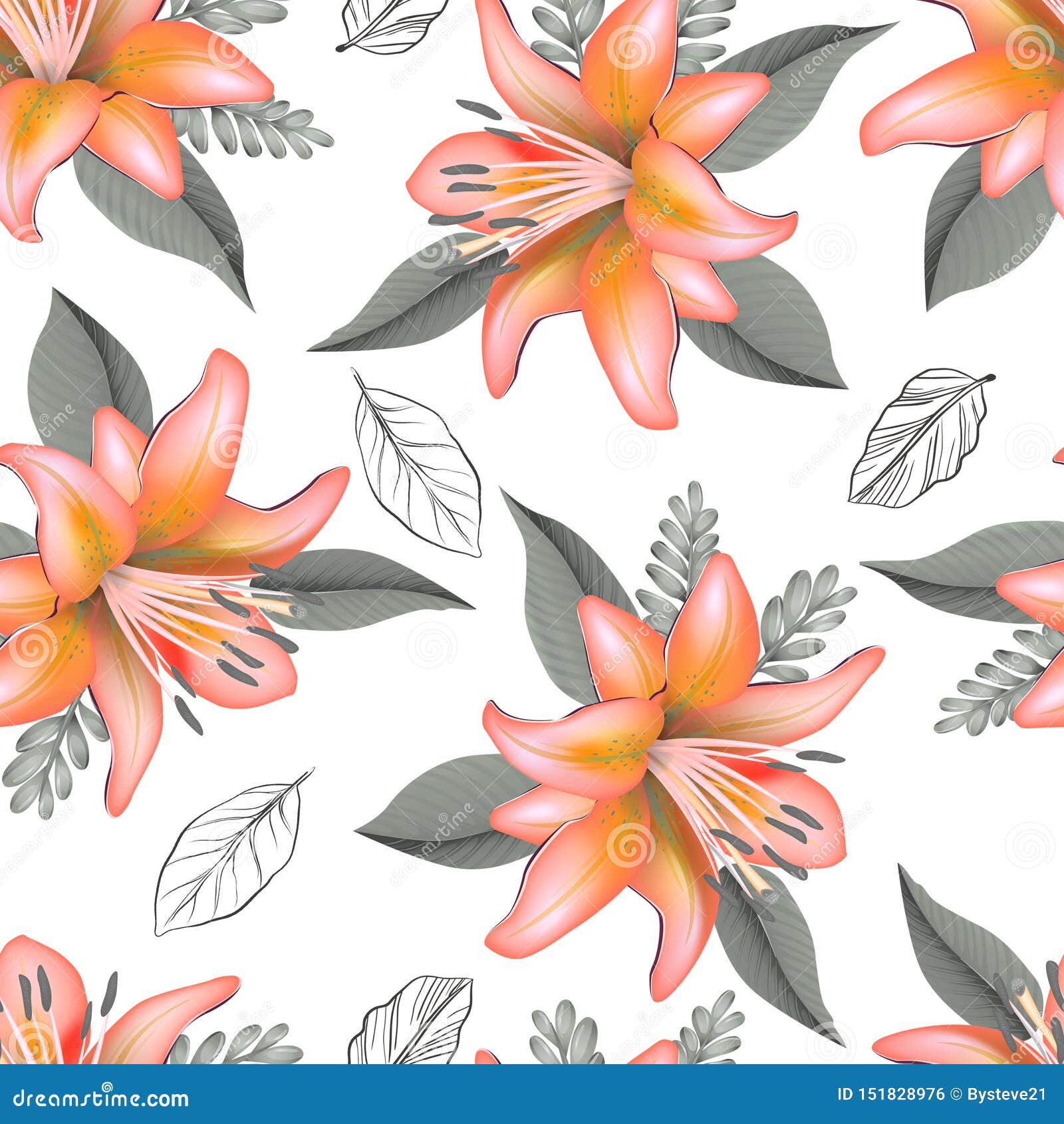 Seamless Lily Flower and Leave Pattern Stock Illustration ...
