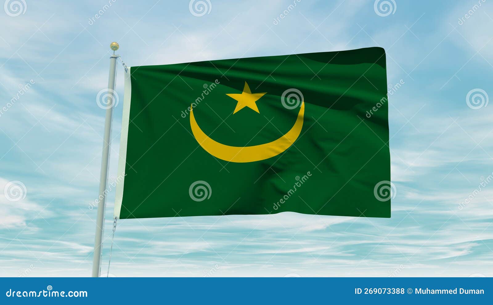Seamless Loop Animation Of The Mauritania Flag On A Blue Sky Background