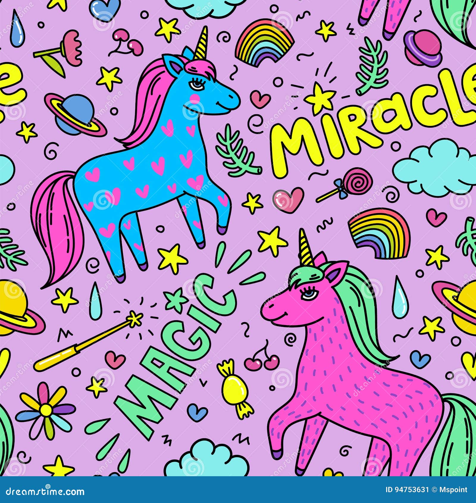 Seamless Magic Pattern with Handdrawn Unicorns and Magic Stuff. Miracle ...