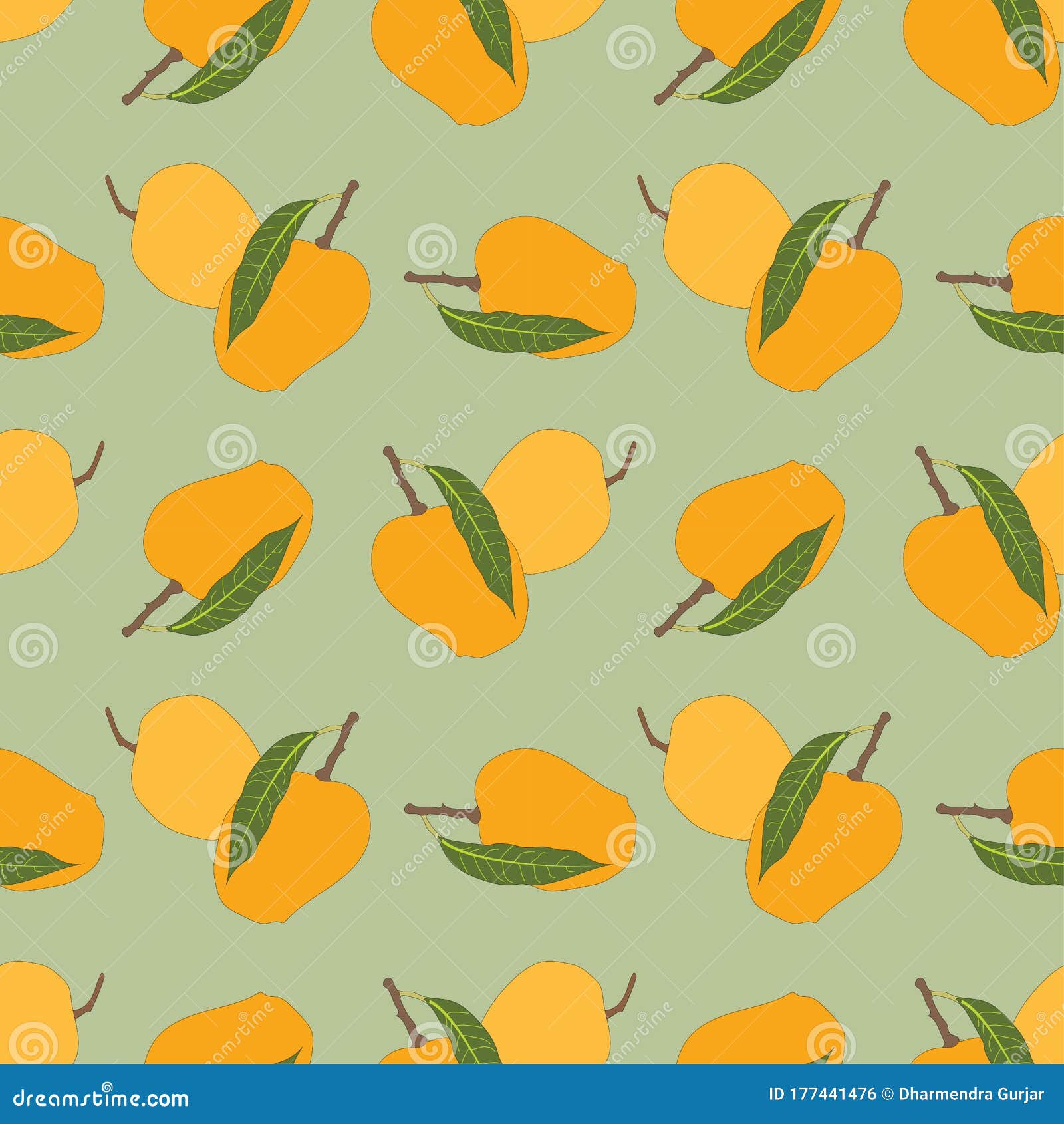 Seamless Mango Pattern with Leaves on Green Background. Ripe Mango ...