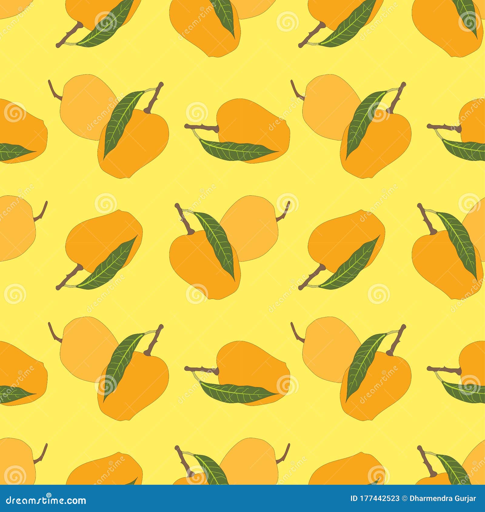 Seamless Mango Pattern with Leaves on Yellow Background. Ripe Mango ...
