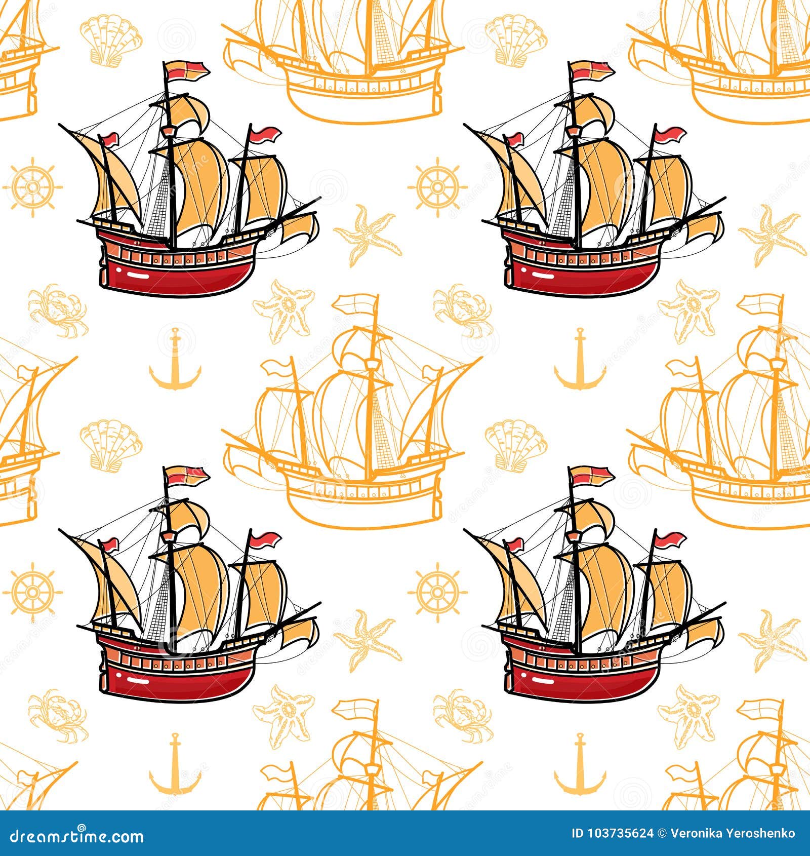 Seamless Marine Pattern with Sailing Ships. Vector Nautical Illu Stock ...