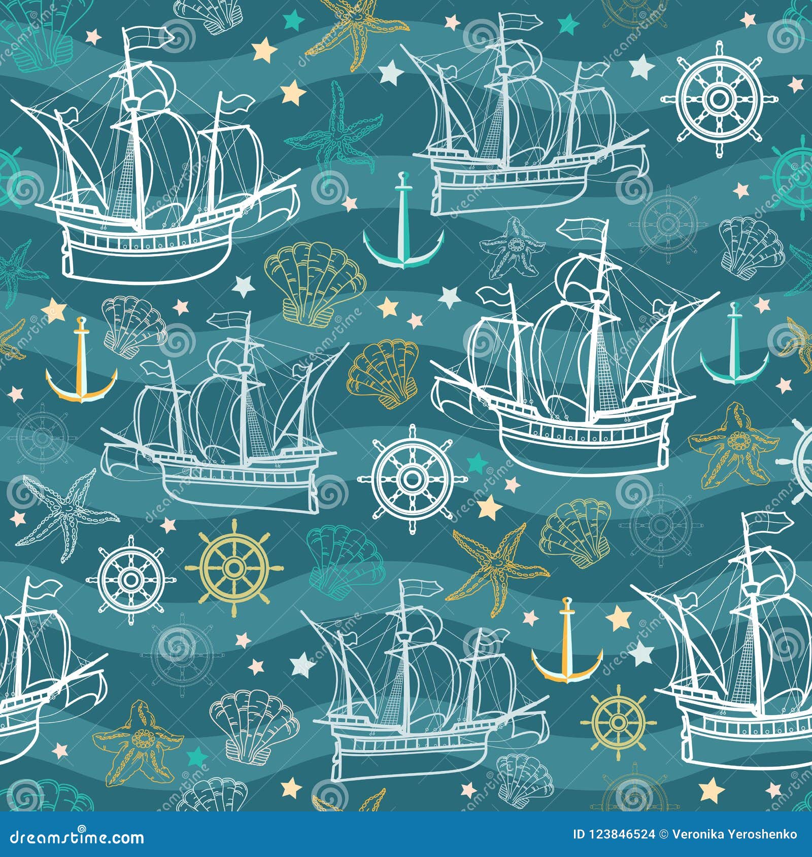 Seamless Marine Pattern with Sailing Ships. Vector. Stock Vector ...