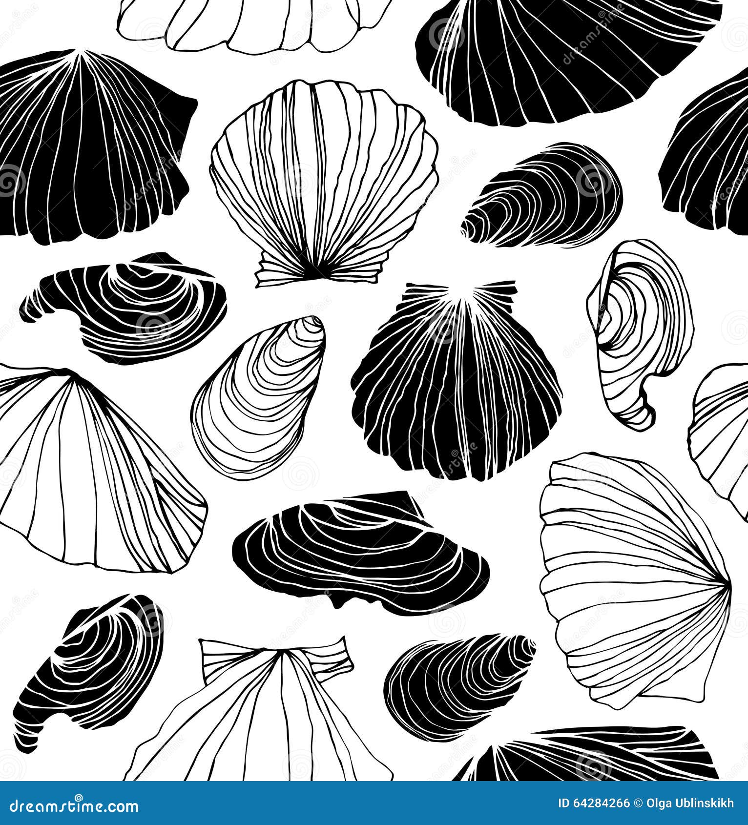 Seamless Marine Pattern with Shells. Black and White Graphic Background ...