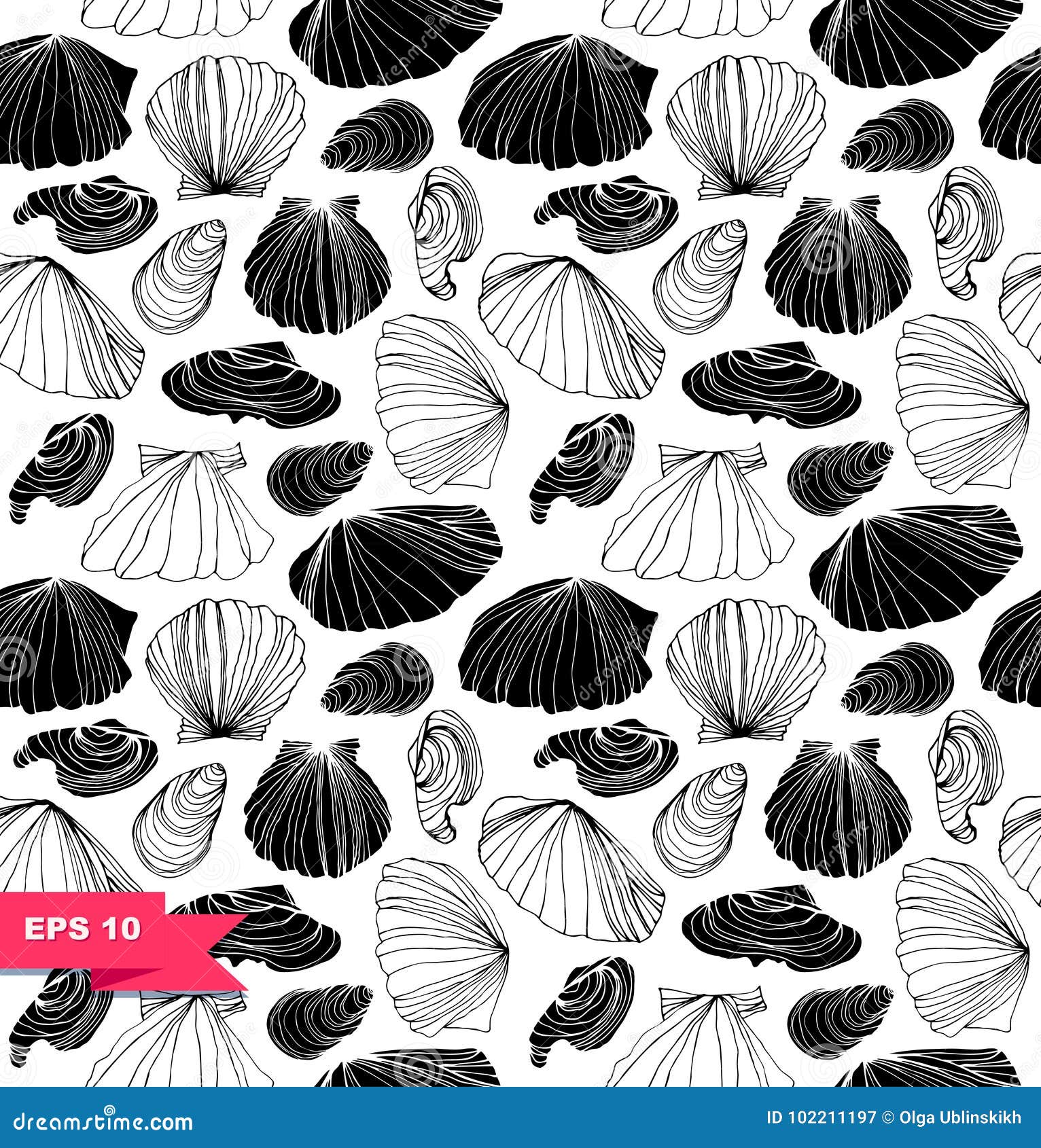 Seamless Marine Pattern with Shells. Black and White Graphic Texture ...