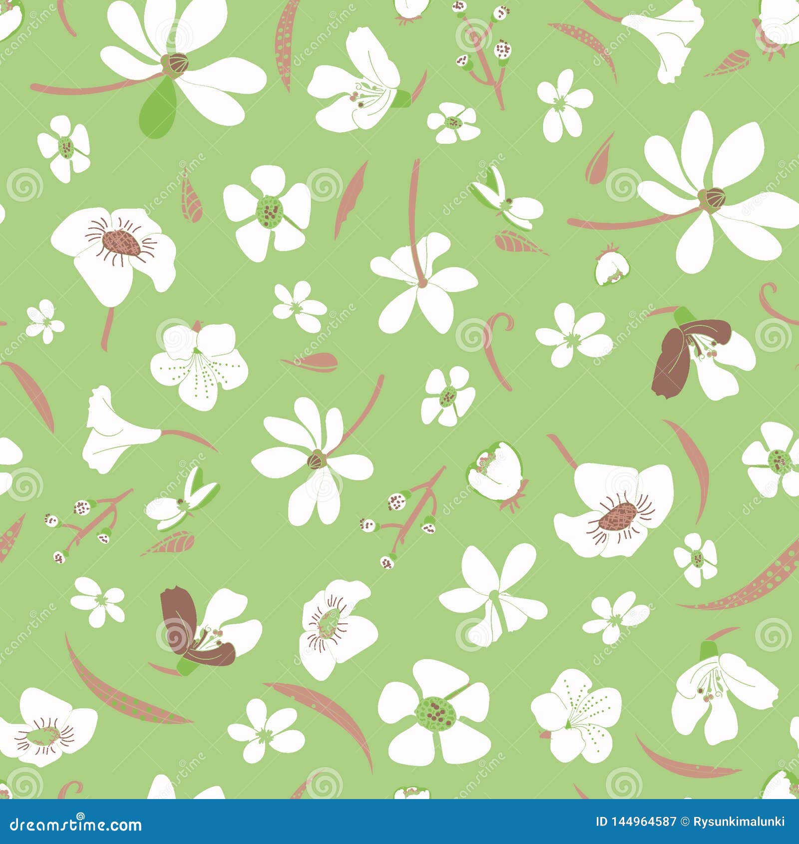 Seamless Meadow Vector Pattern with White Flowers Scattered on Green ...