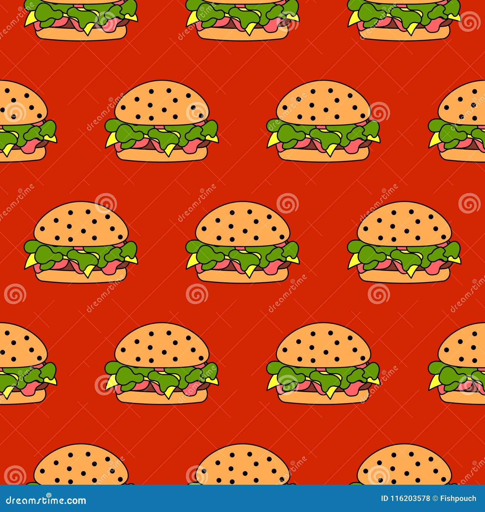 Seamless Burger Pattern Vector. Fast Food Cheeseburger Red Background ...