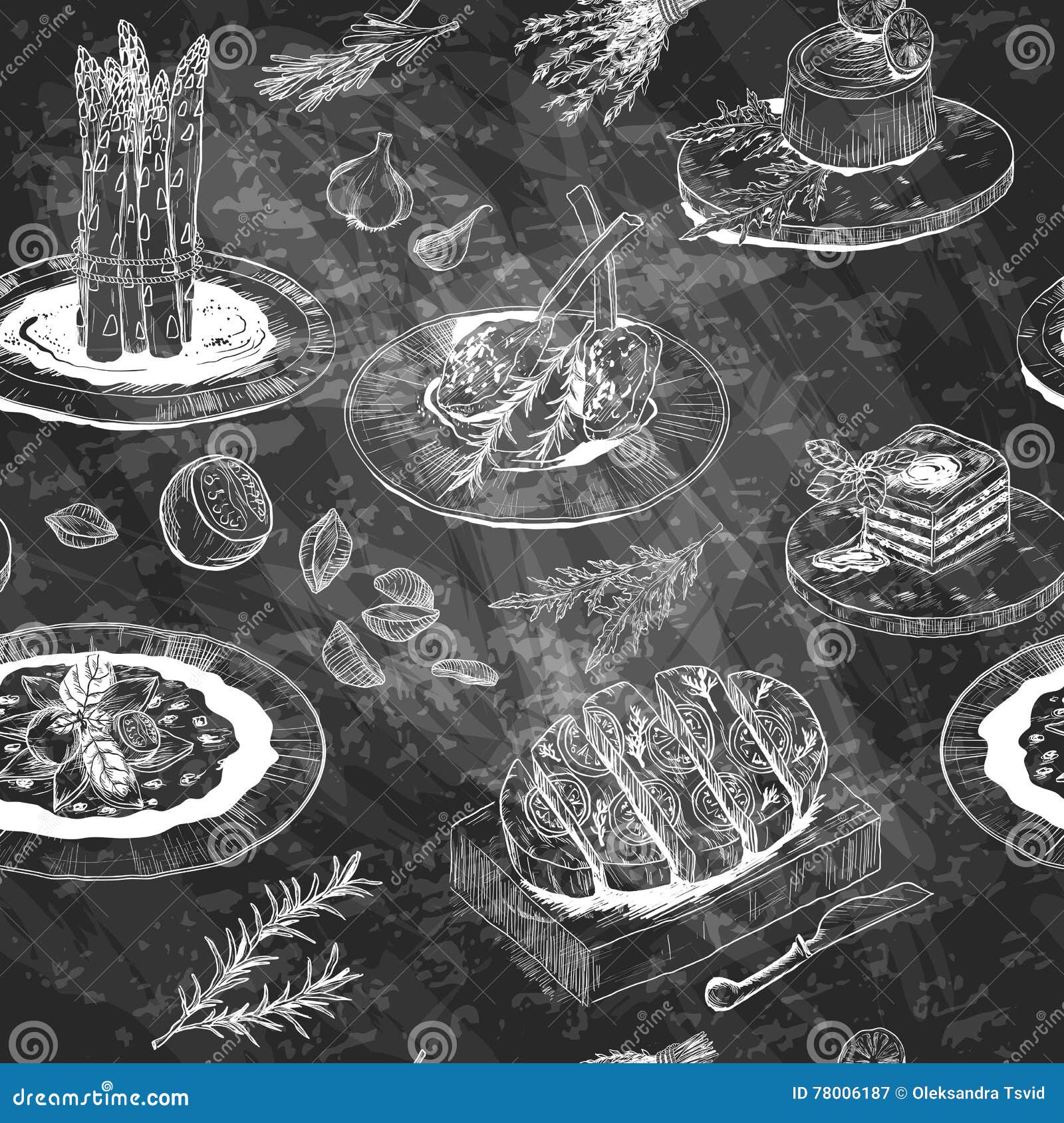 Seamless Menu Pattern with Restaurant Meal, Herbs and Spices. Bl Stock ...