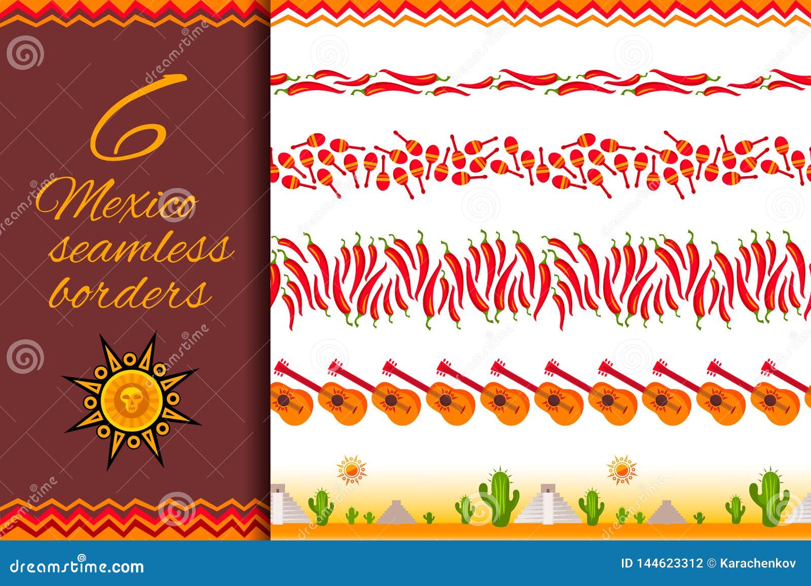 Seamless Mexican Pattern Border Set Isolated on White Background Stock ...