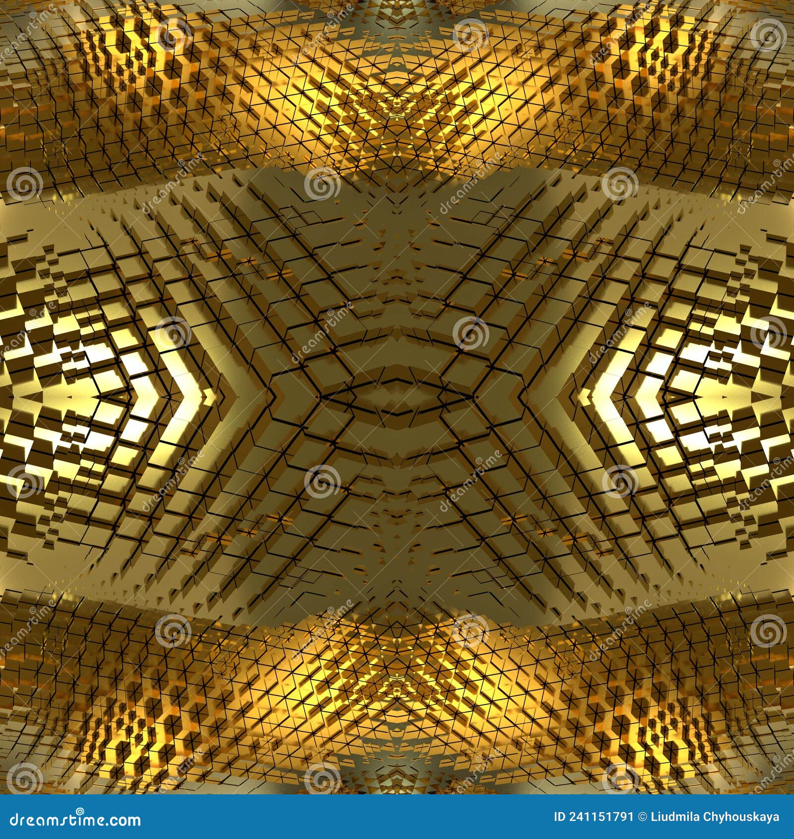 Seamless Mirrored Golden Texture with Wavy Cubes Close-up. Futuristic ...