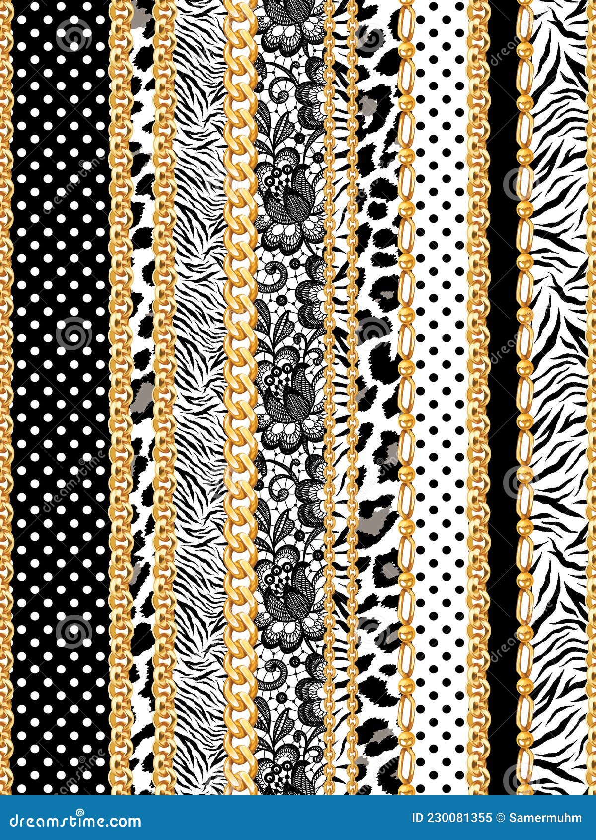 Seamless Mix Pattern of Vertical Golden Chains, Leopard, Zebra, Lace ...