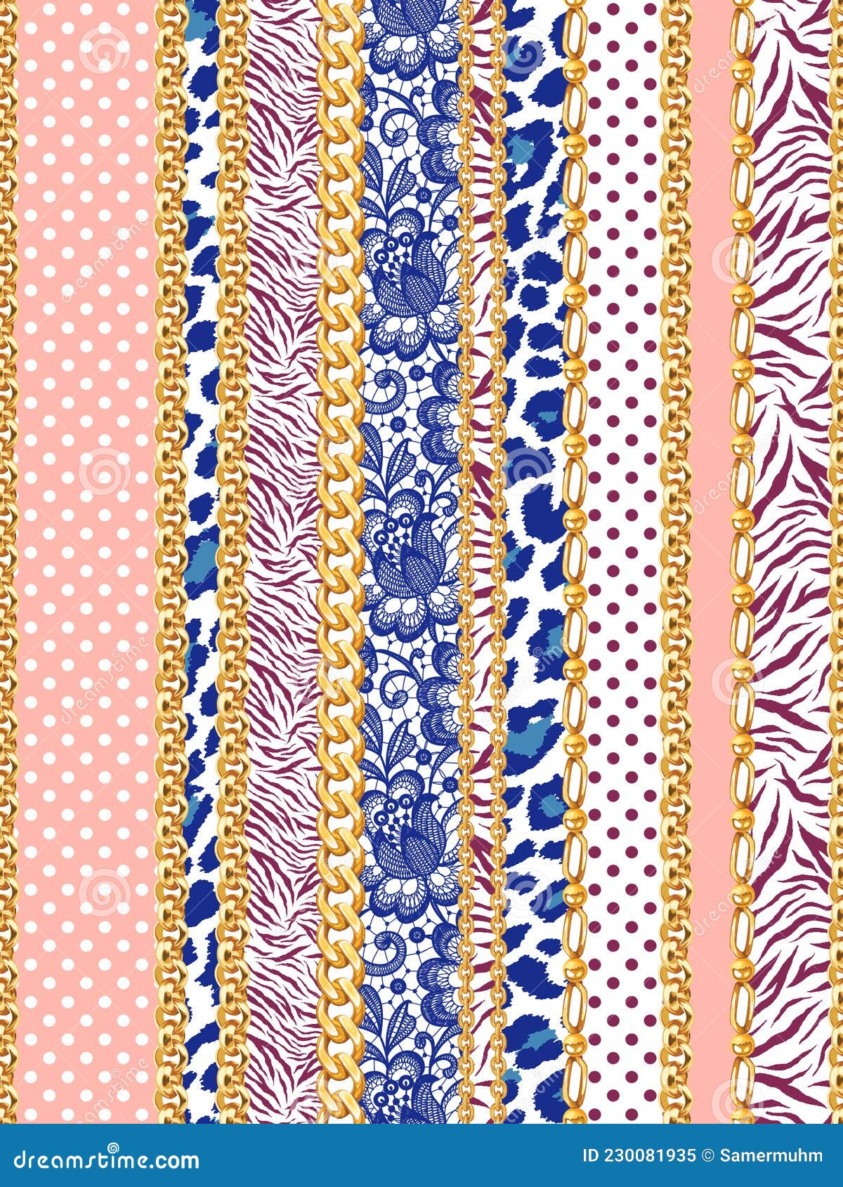 Seamless Mix Pattern of Vertical Golden Chains, Leopard, Zebra, Lace ...
