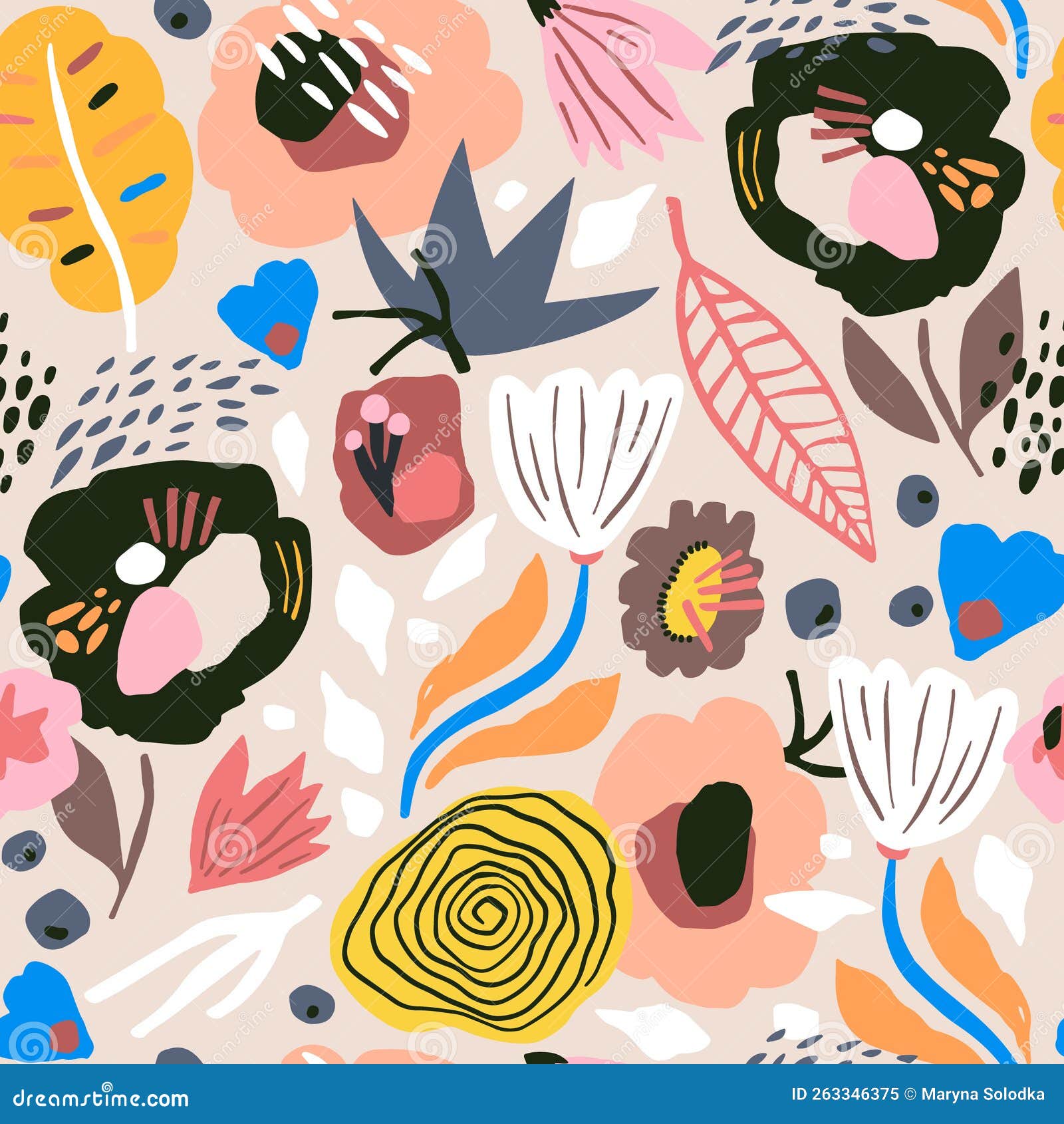 Seamless Modern Floral Pattern with Flowers, Leaves. Creative Botanical ...