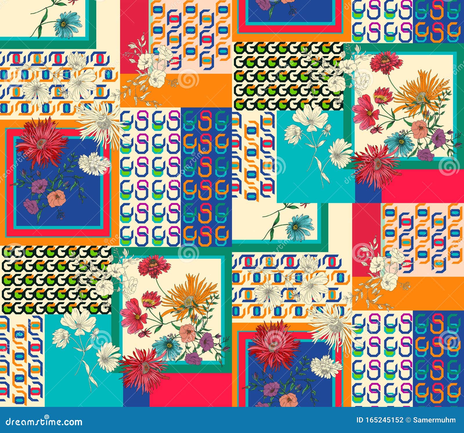 Seamless Modern Patchwork Pattern with Flowers and Lines. Ethnic Indian ...