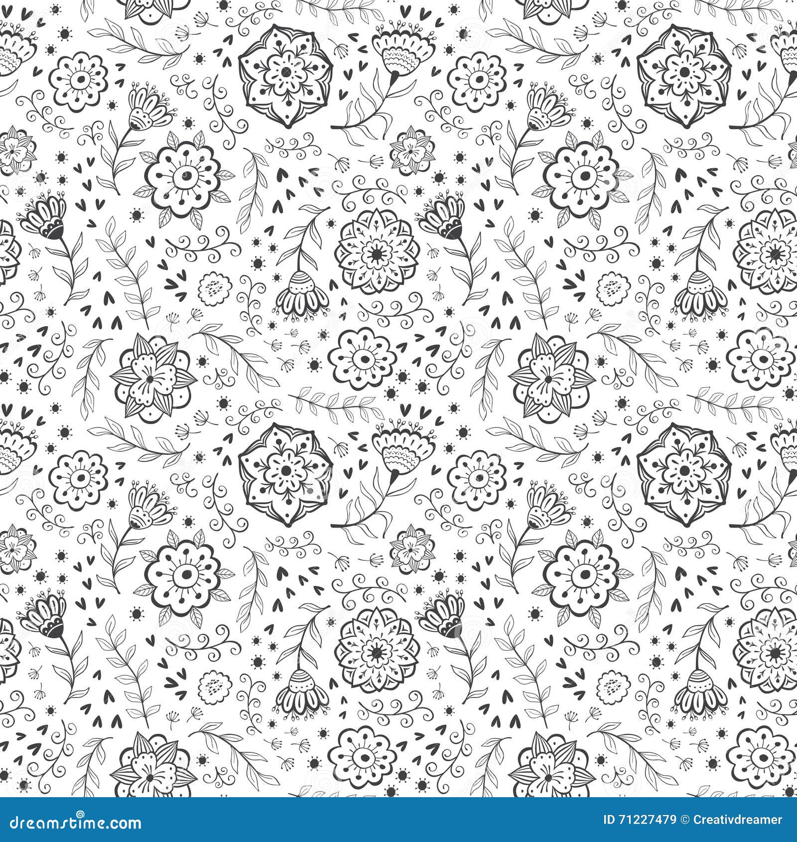Seamless Monochrome Doodle Flower Pattern, Vector. Stock Vector ...