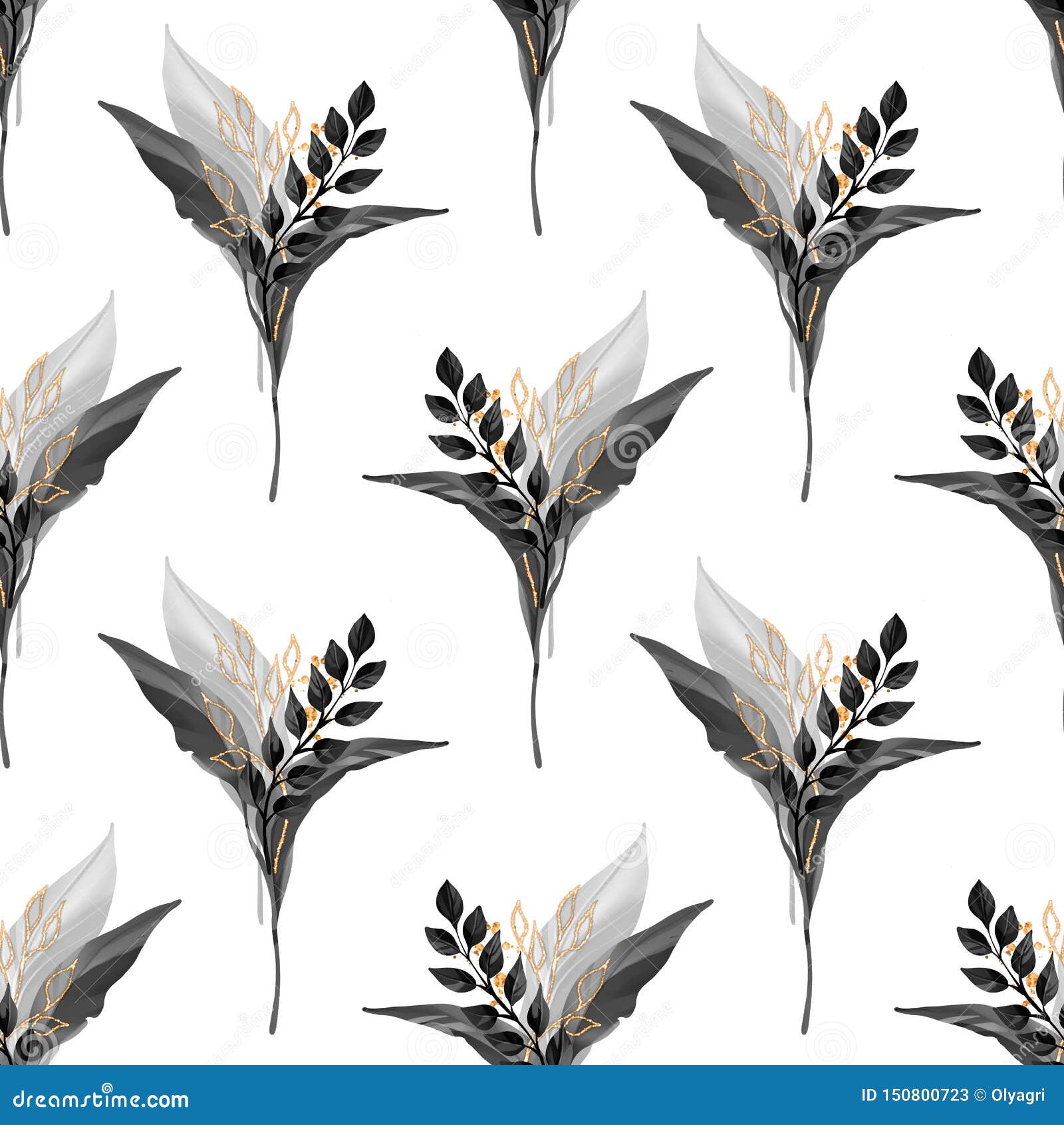 Seamless Monochrome Pattern with Leaves and and Golden Elements Stock ...