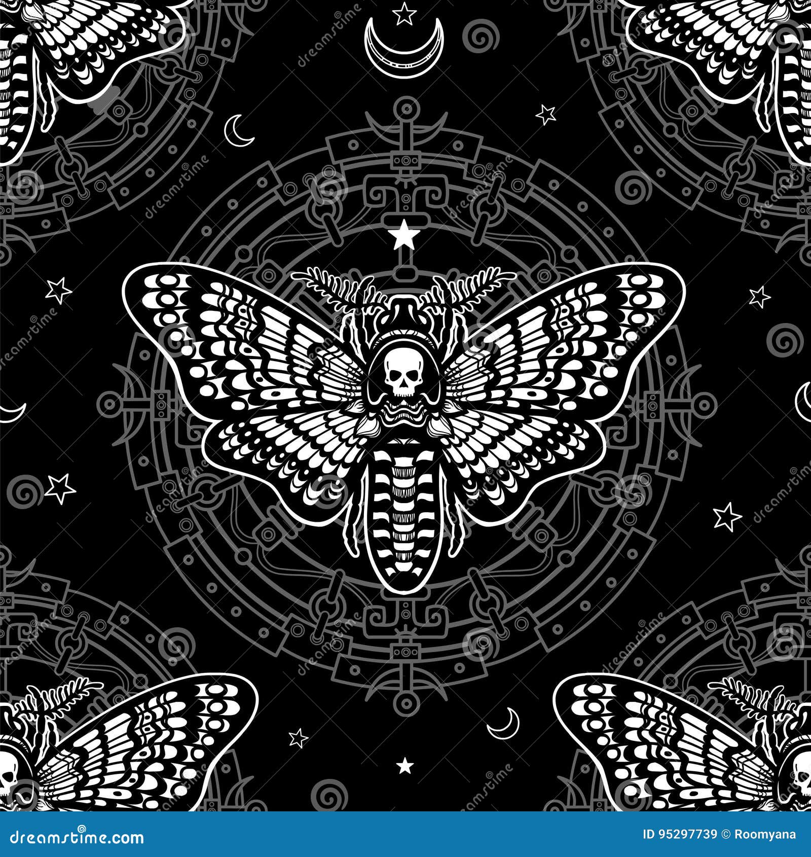 Seamless Monochrome Pattern: Moth Dead Head, Mystical Circle, Symbols ...