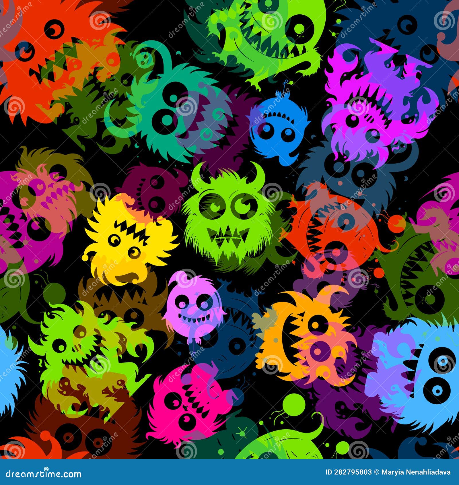 Seamless Pattern Cute Monsters. on a Black Background . Vector ...