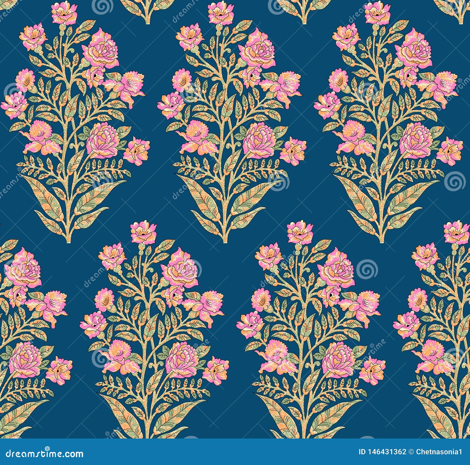 Seamless Mughal Flower Pattern on Blue Color Stock Illustration ...