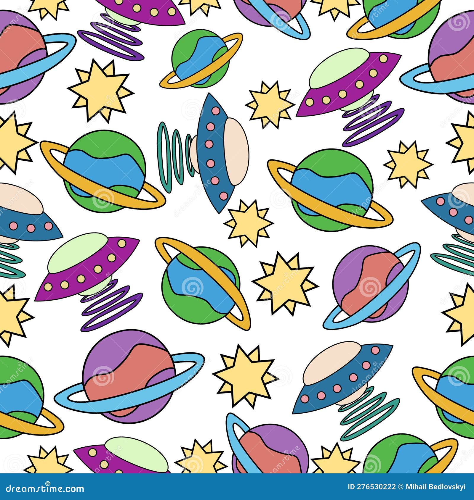 Seamless Pattern with Planets Stars and Ufo Hippie Style Stock Vector - Illustration of colorful ...