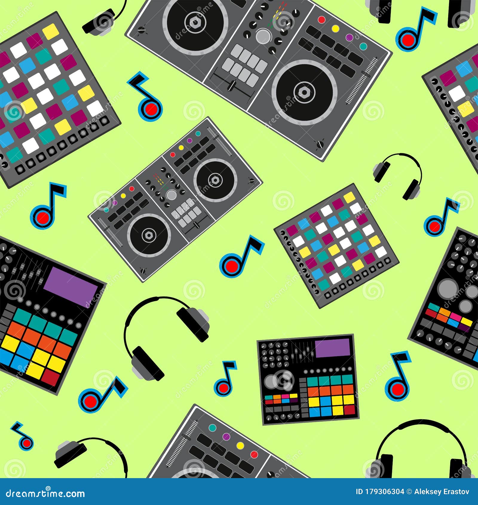 Seamless Music Pattern with DJ Equipment. Colorful Print. Vector ...