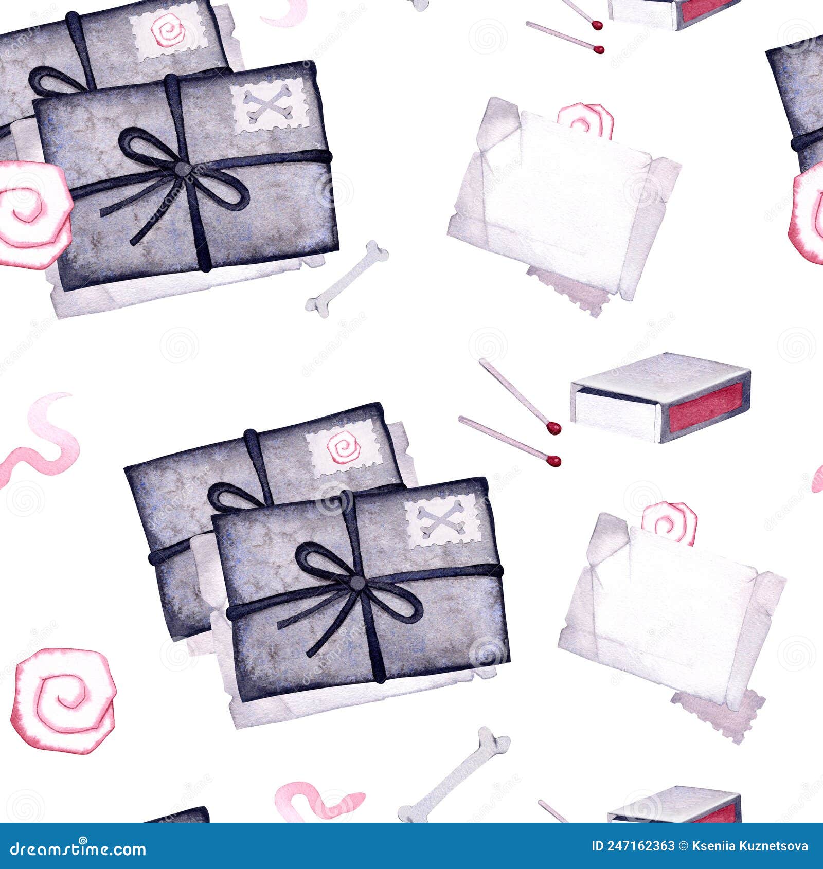 Seamless Mystical Pattern Of Envelopes And Matchboxes. Watercolor Illustration, White Background ...