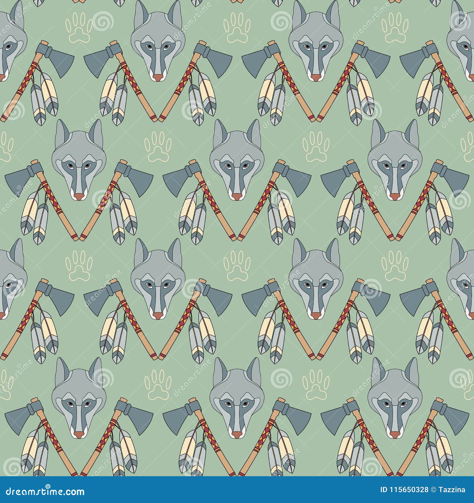 Seamless Native American Pattern with Wolves and Axes Stock Vector ...