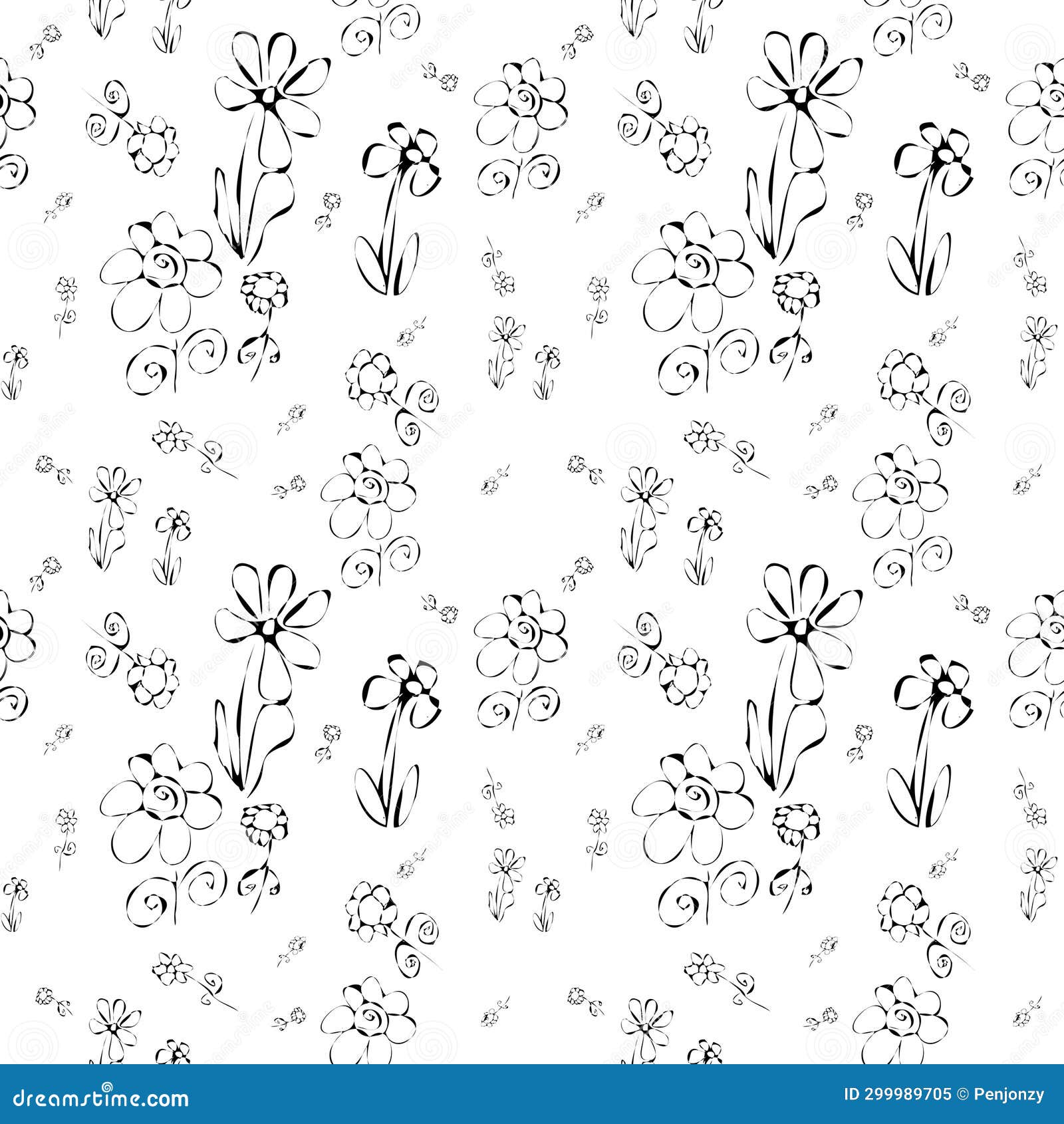 Seamless Nature Pattern with Black and White Hand Drawn Flowers Stock ...