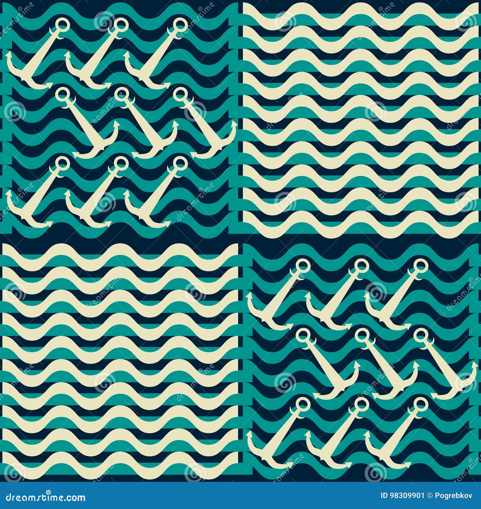 Seamless Nautical Pattern with Waves and Anchors Stock Vector ...