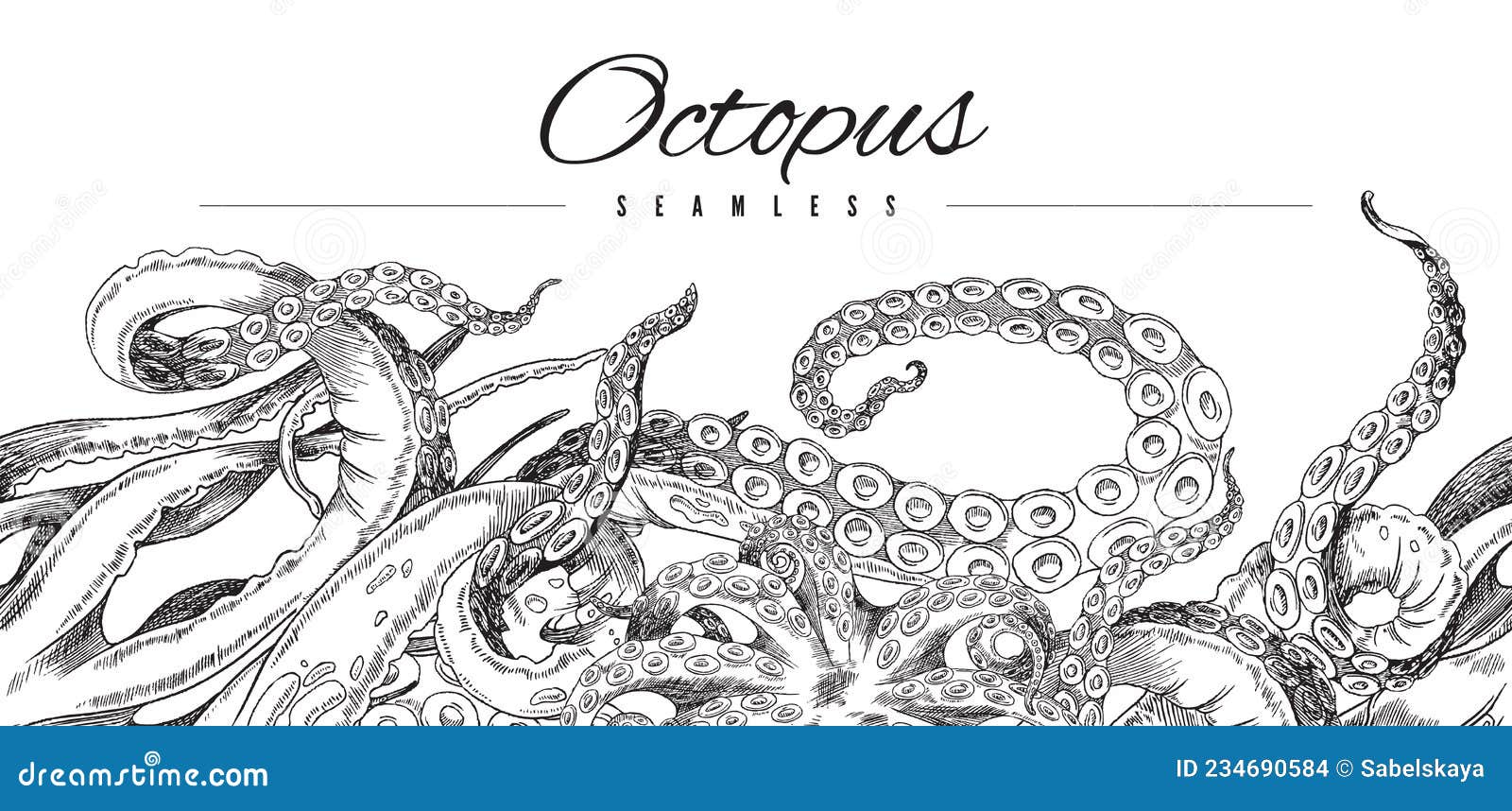 Seamless Octopus Pattern. Horizontal Border, Black and White Hand Drawn ...