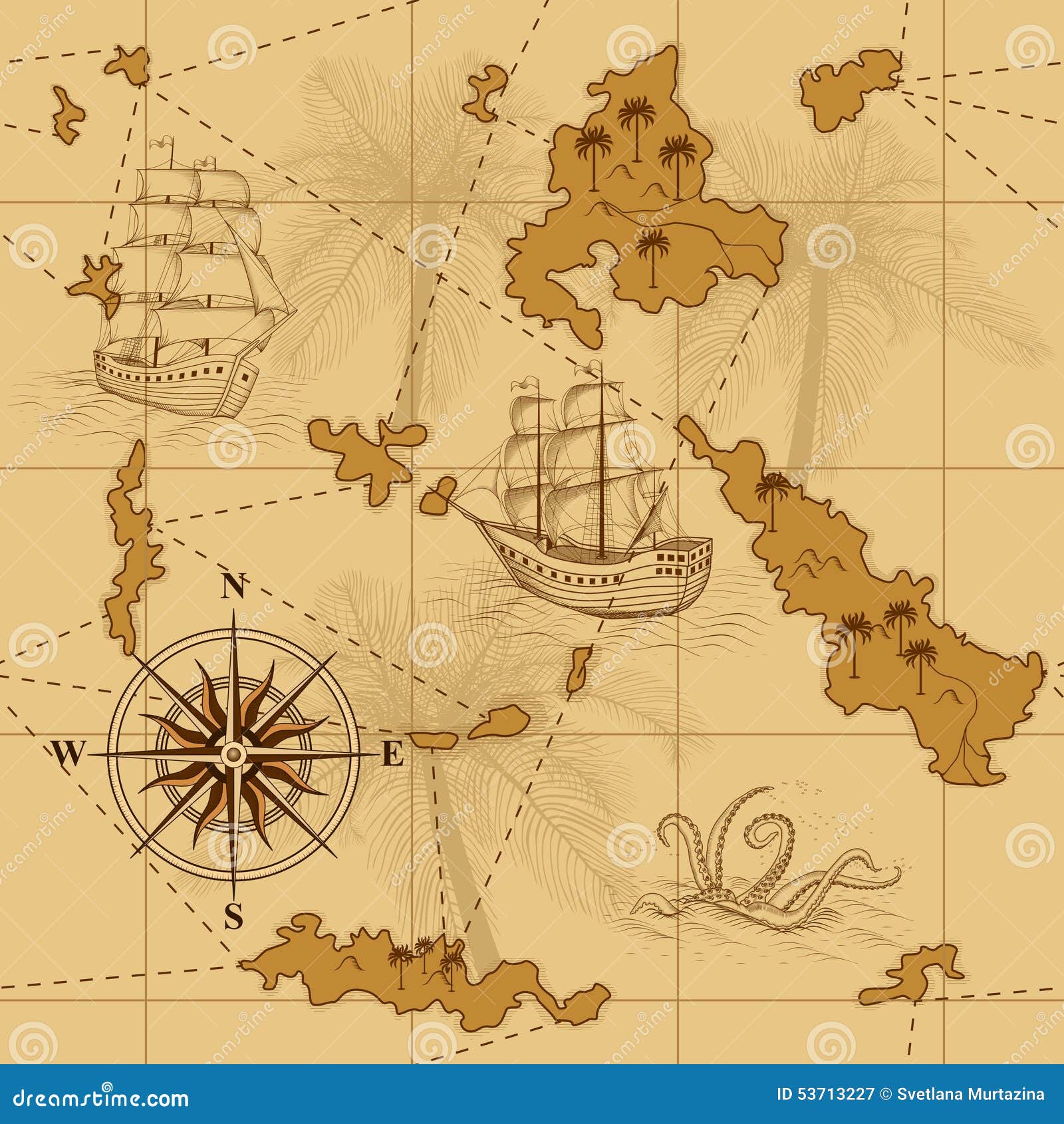 Old Map With A Compass And Ships Vector Illustration | CartoonDealer ...