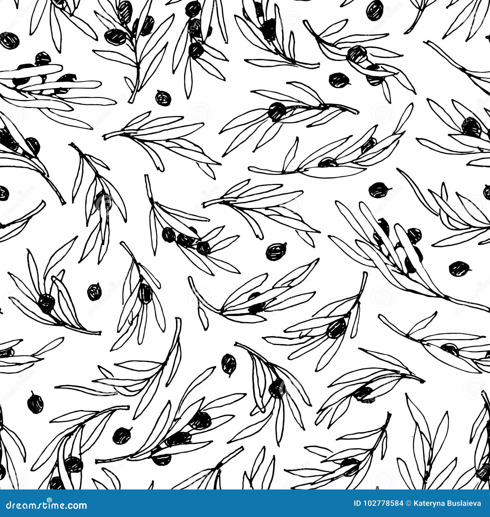 Seamless Olive Branch Pattern Hand Drawn Design Stock Vector ...