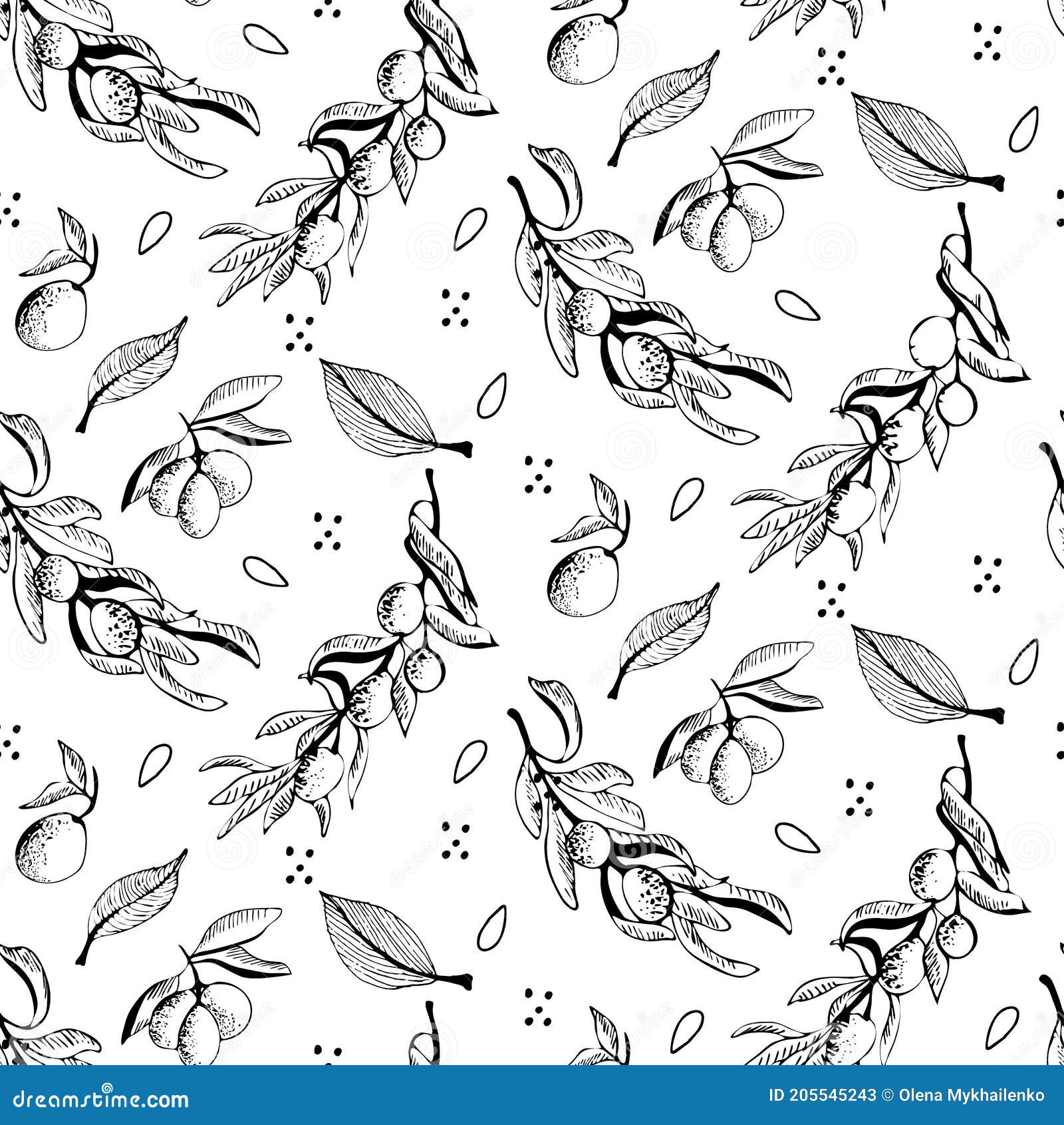 Seamless Olive Branch Pattern. Hand Drawn Vector Illustration Stock ...