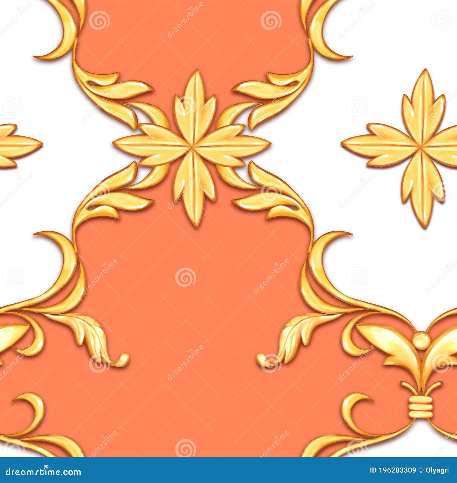 Seamless Orange Baroque Pattern with Gold Scrolls Stock Illustration ...