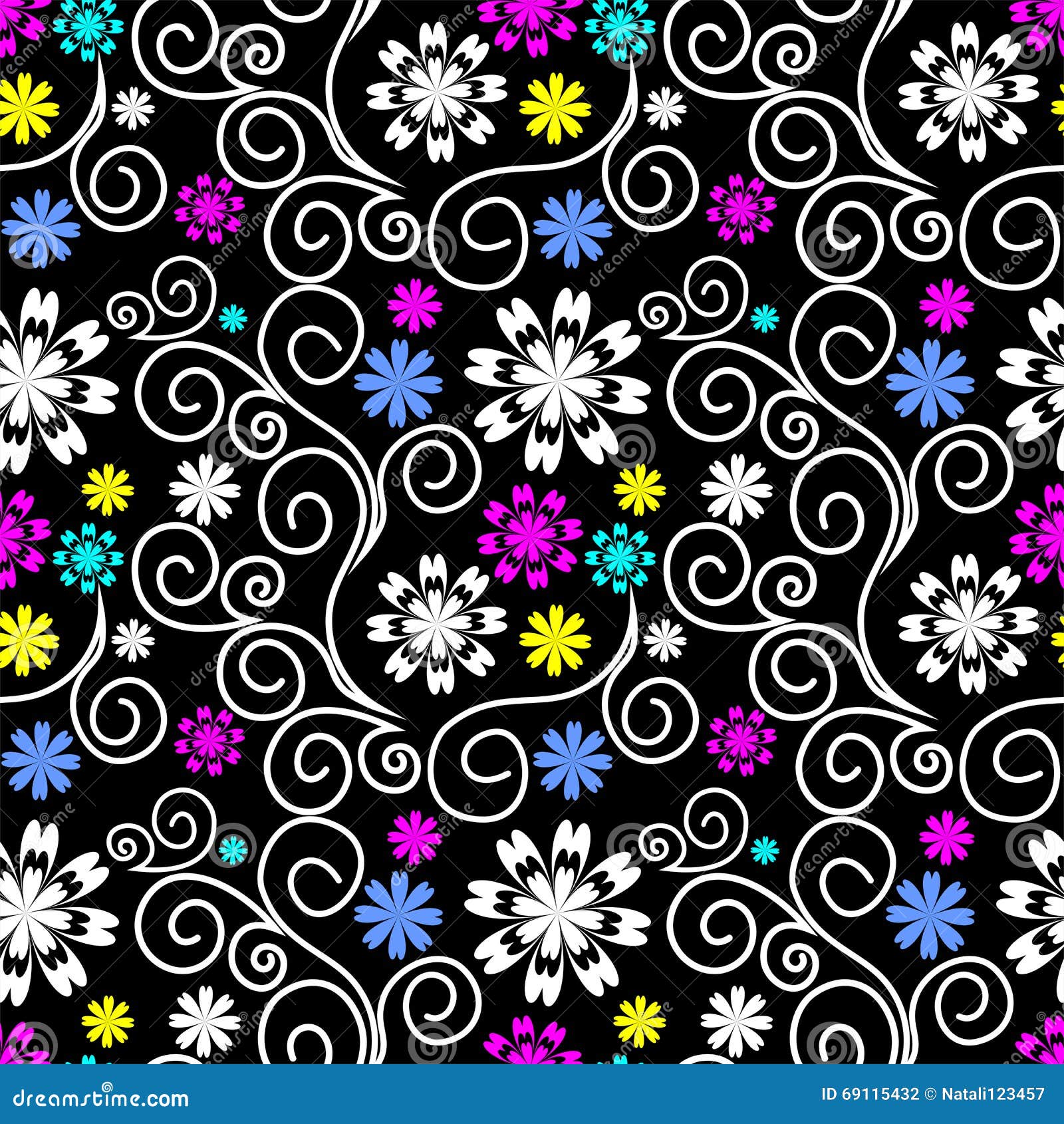 Seamless Ornate Pattern with Swirls and Colorful Flowers Stock Vector ...