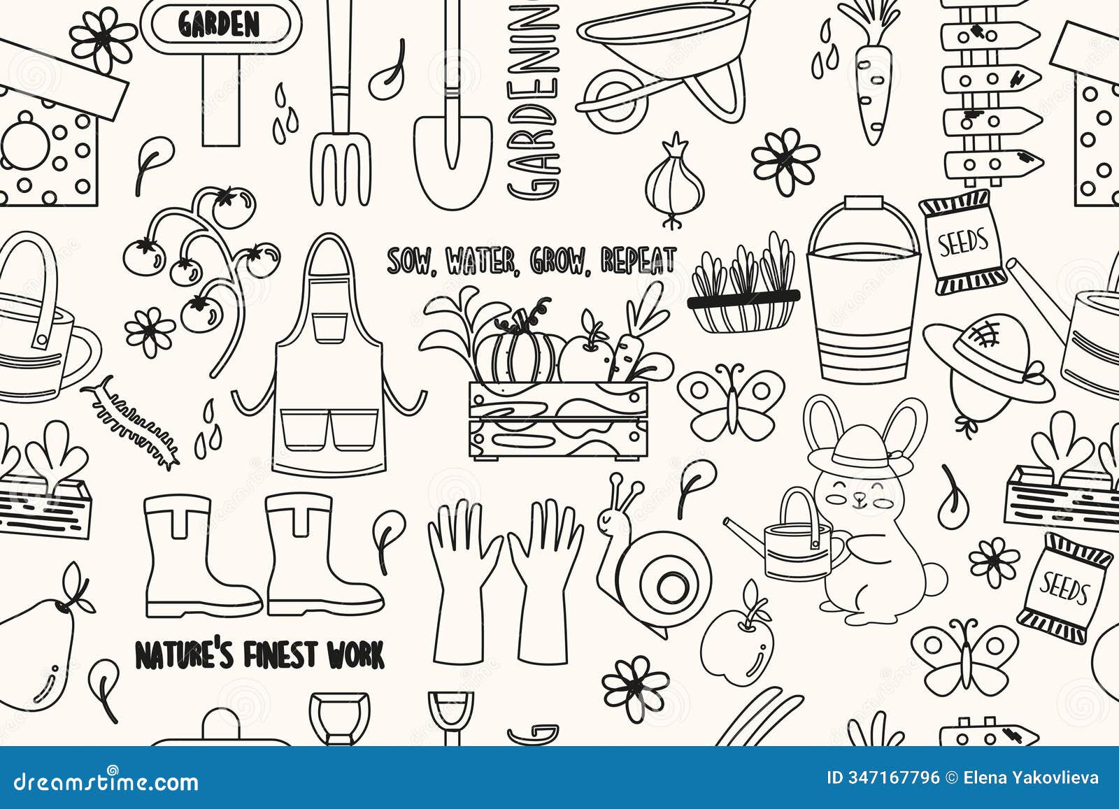 Seamless Outline Pattern Garden Hand Drawn Stock Illustration ...