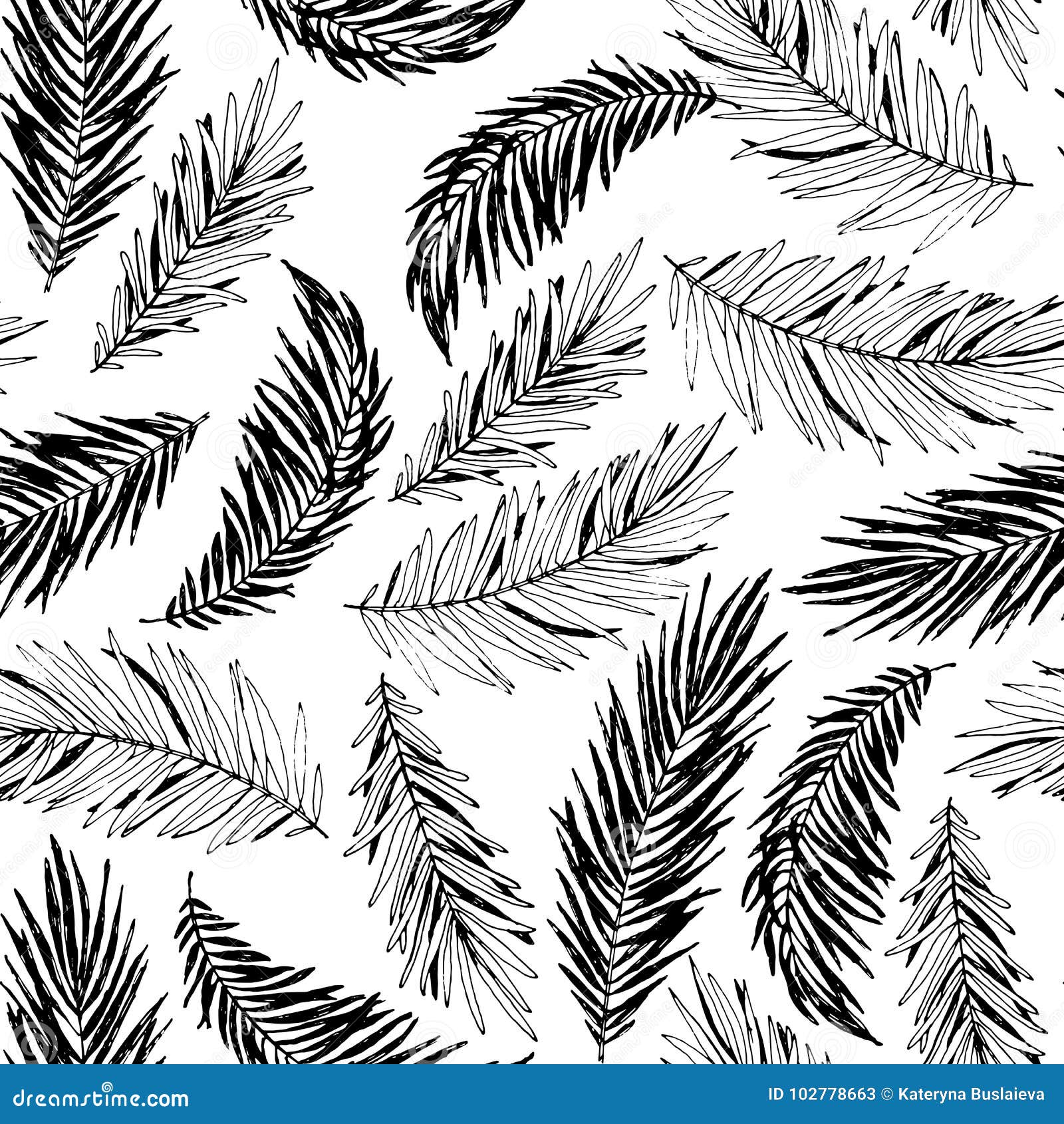 Seamless Palm Branch Pattern Hand Drawn Design. Stock Illustration ...